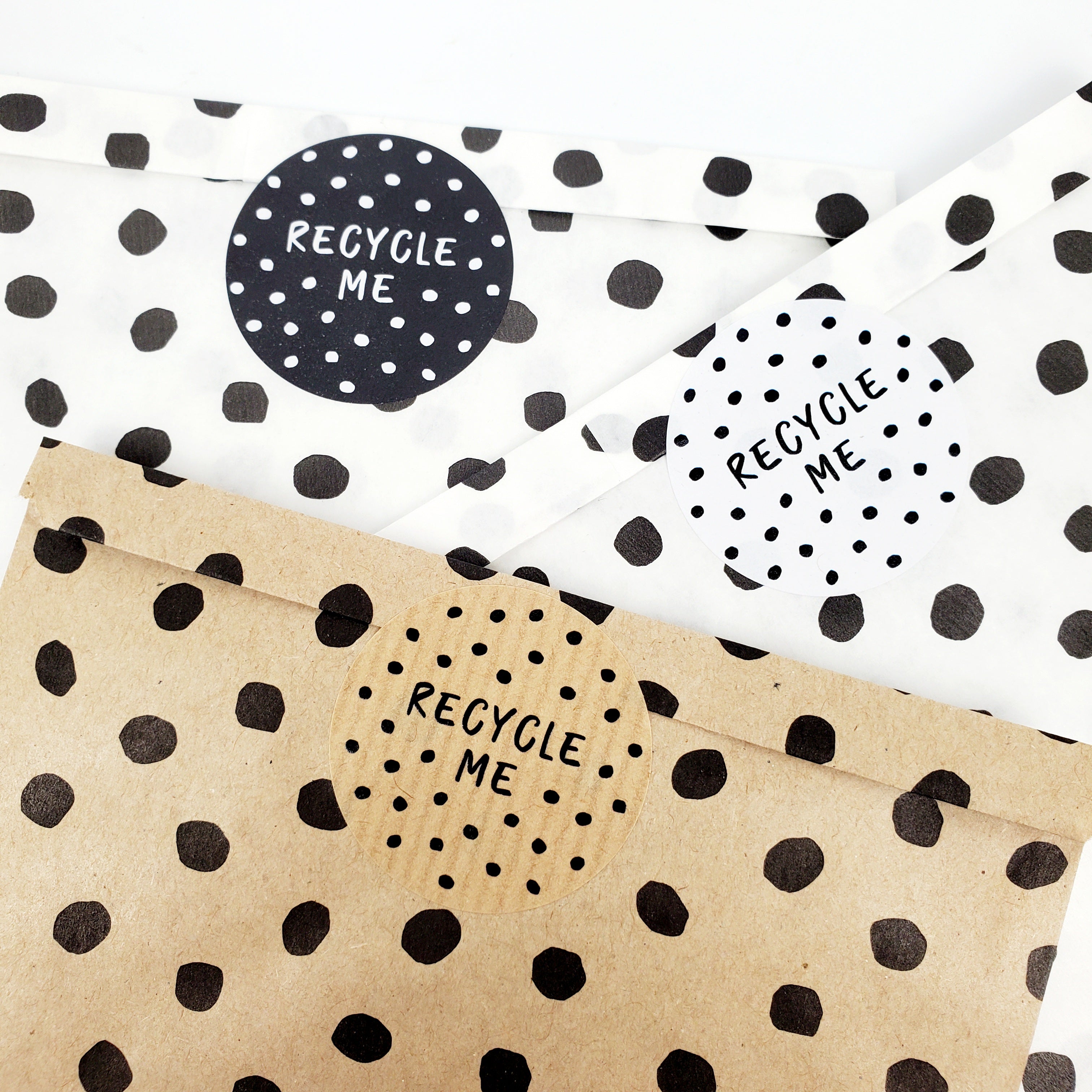 'Recycle Me' spotty stickers made from 100% recycled paper.